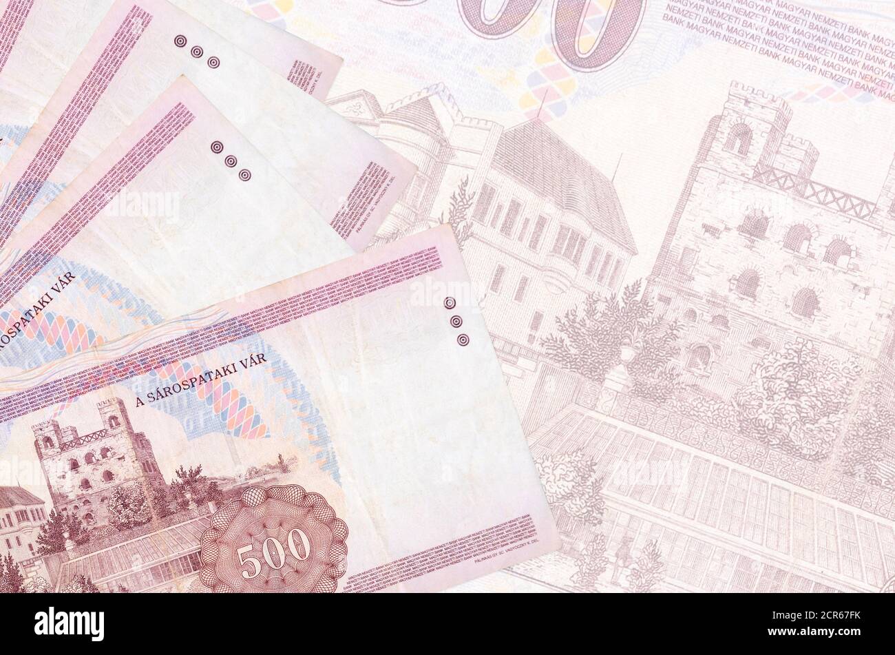 500 Hungarian forint bills lies in stack on background of big semi ...