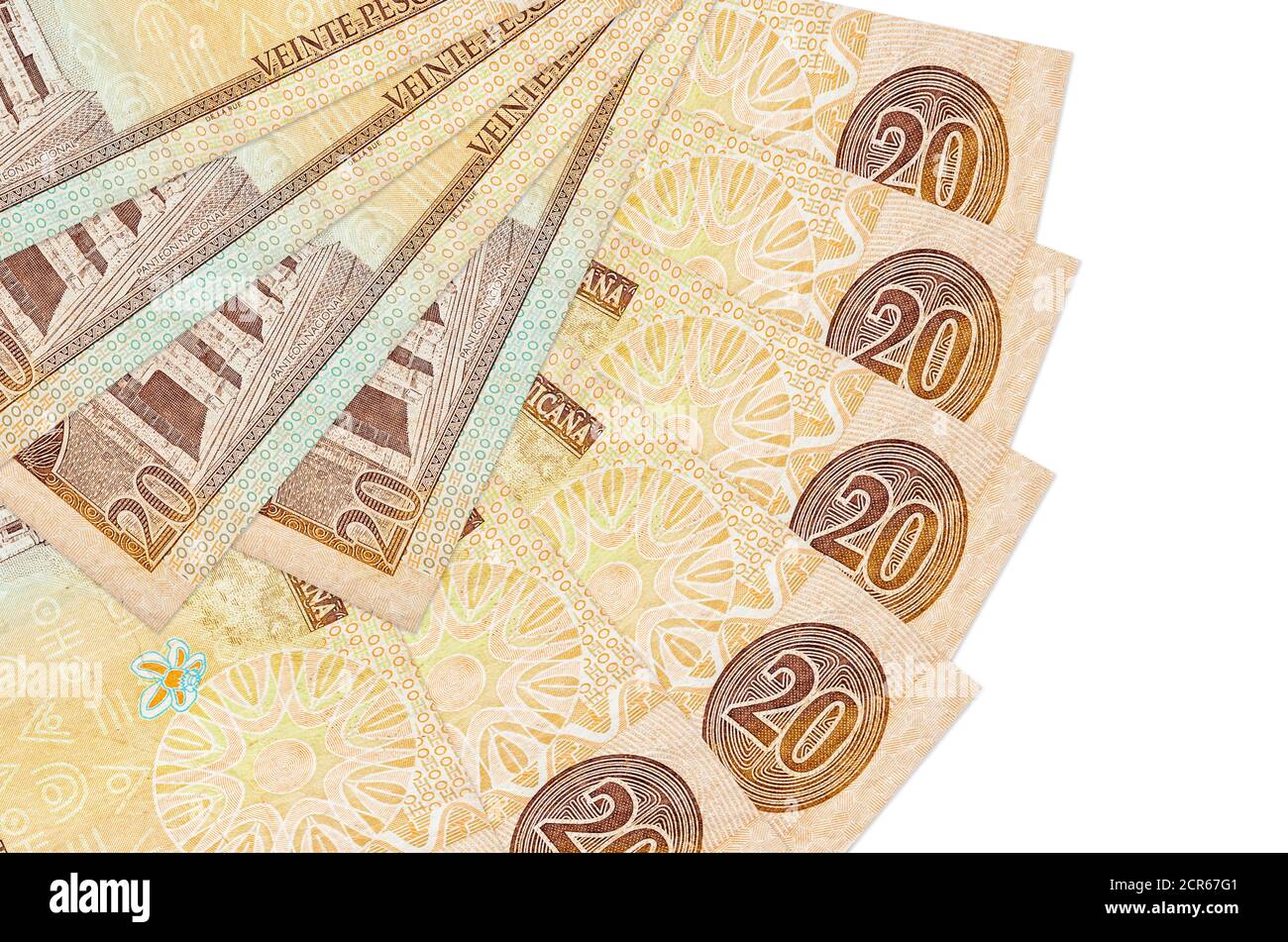 20 Dominican peso bills lies isolated on white background with copy ...
