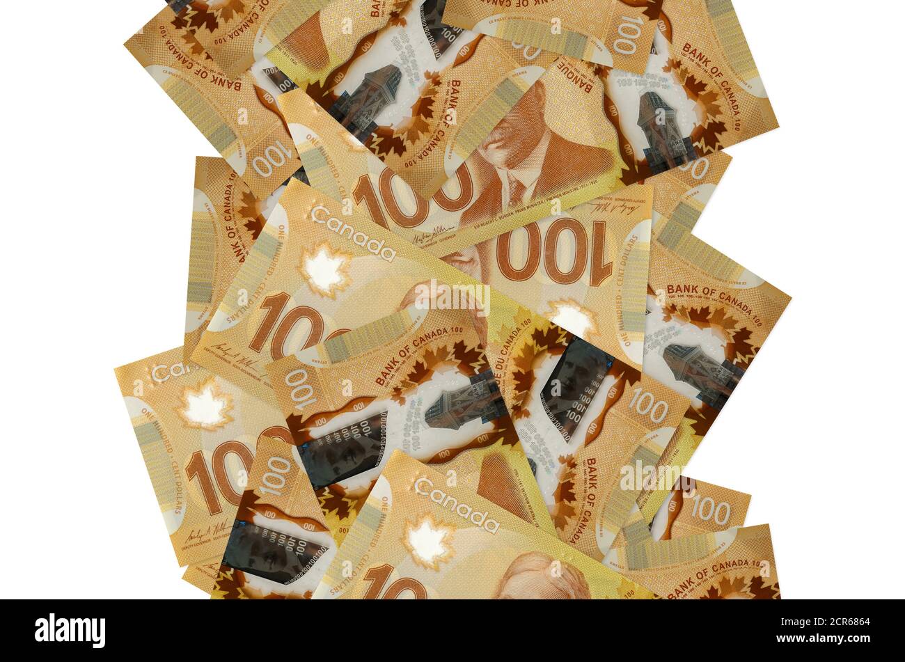 100 Canadian dollars bills flying down isolated on white. Many ...