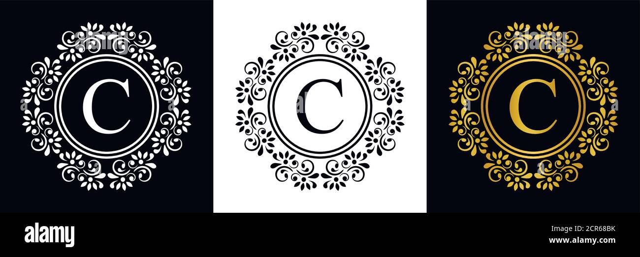 Gold letter C. Vintage set black, white and golden flower ornament ...