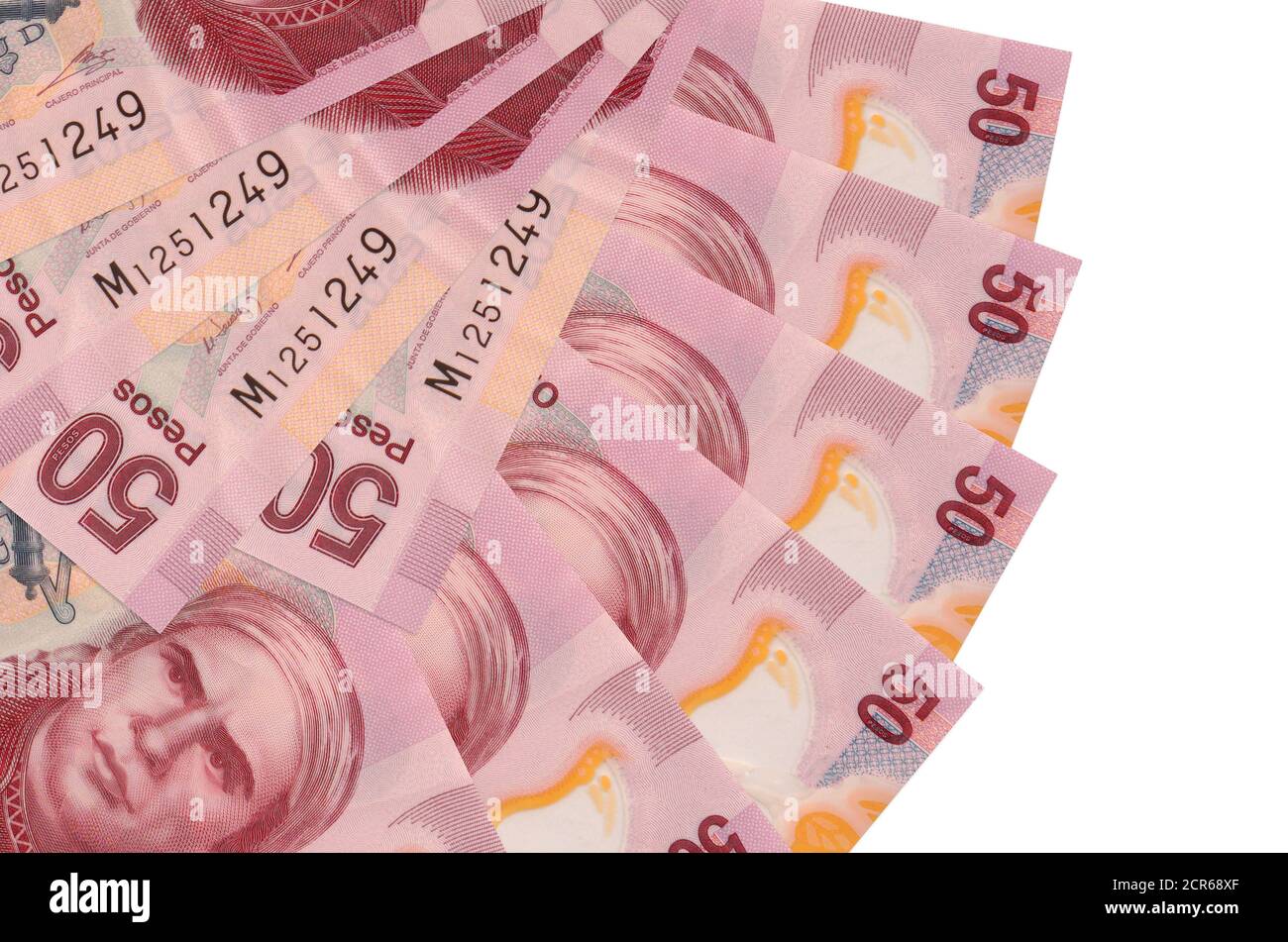 50 Mexican pesos bills lies isolated on white background with copy ...