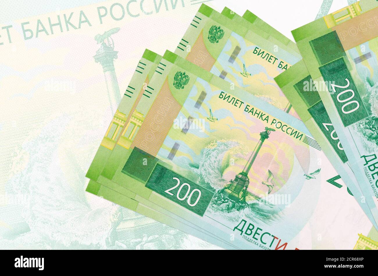 200 russian rubles bills lies in stack on background of big semi ...