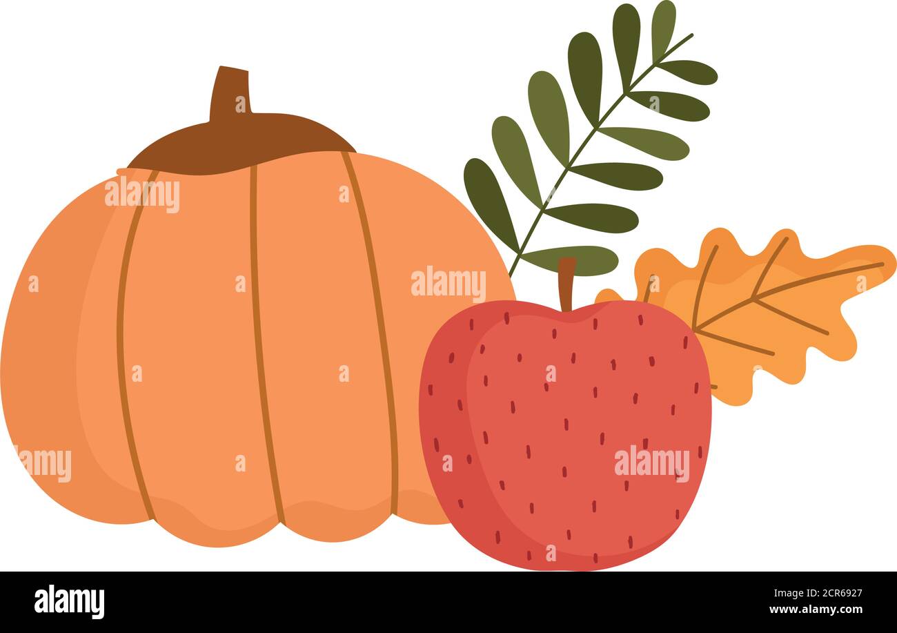 hello autumn, fresh pumpkin apple and leaves cartoon white background ...