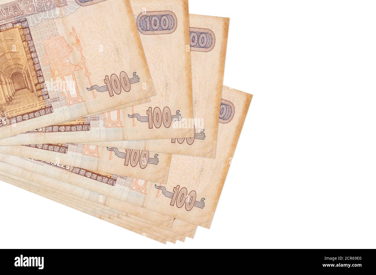100 Guatemalan quetzales bills lies in small bunch or pack isolated on ...