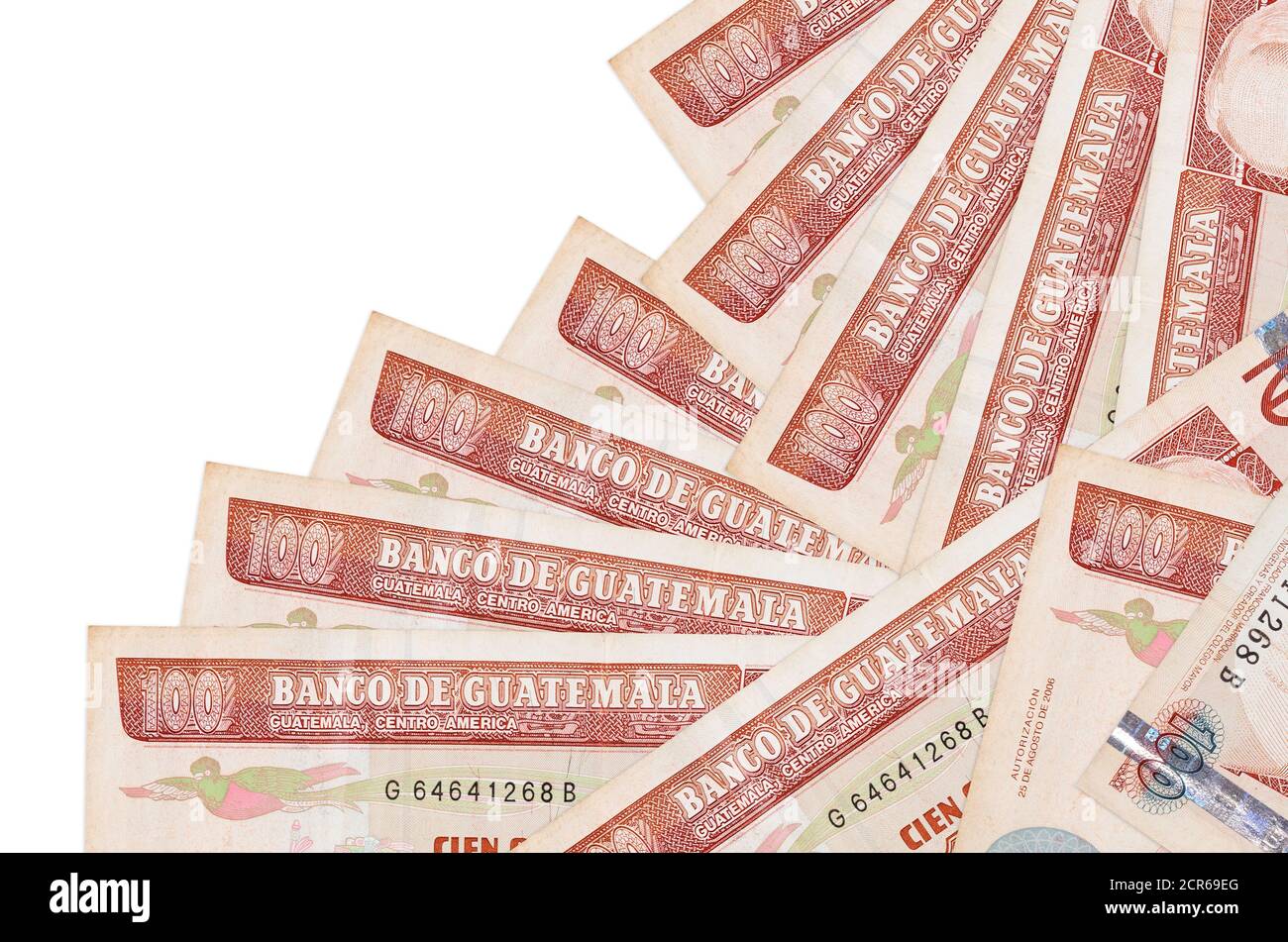 100 Guatemalan quetzales bills lies in different order isolated on ...
