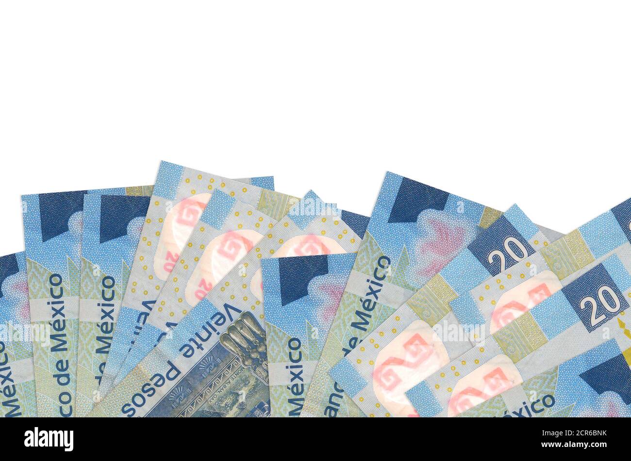 20 Mexican pesos bills lies on bottom side of screen isolated on white ...