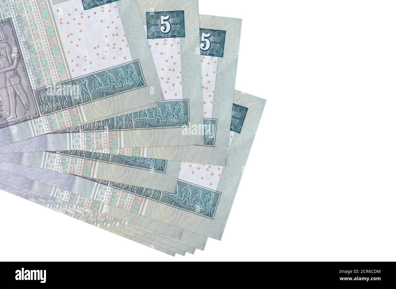 5 Egyptian pounds bills lies in small bunch or pack isolated on white ...