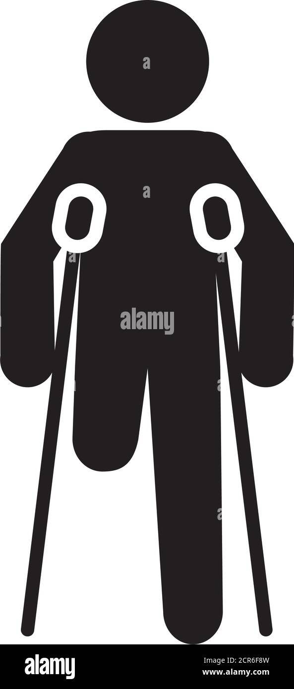 One legged disabled man with crutches over white background, silhouette ...