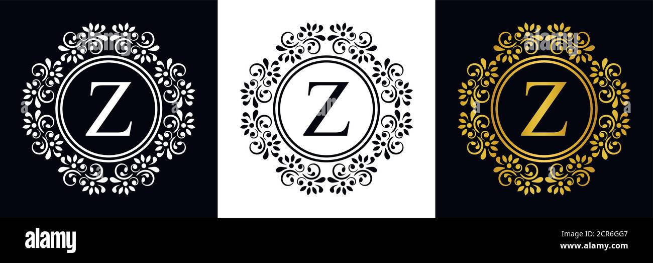 Gold letter Z. Vintage set black, white and golden flower ornament ...