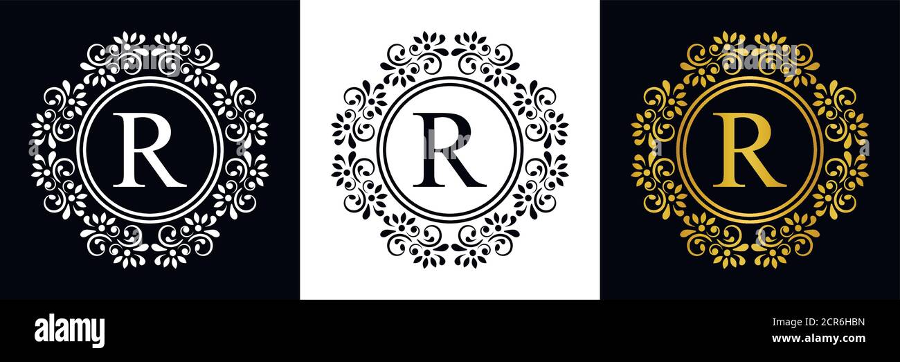 Gold letter R. Vintage set black, white and golden flower ornament ...