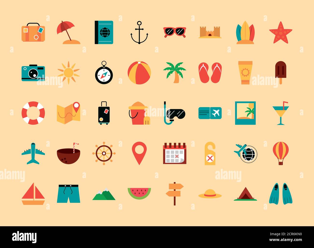 summer vacation travel, season tourism relaxing pack icons flat style ...