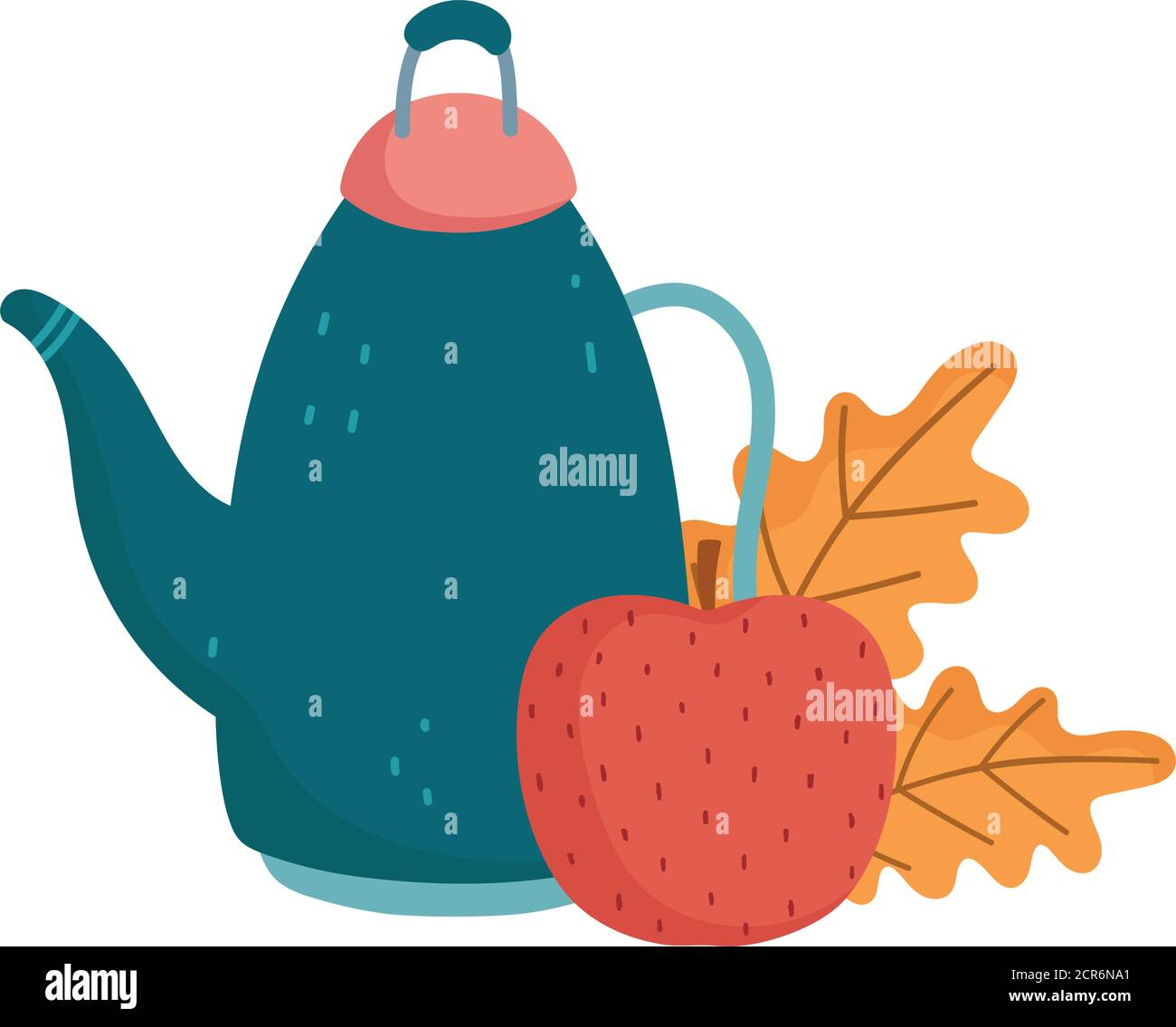 autumn leaves teapot apple isolated design white background vector ...