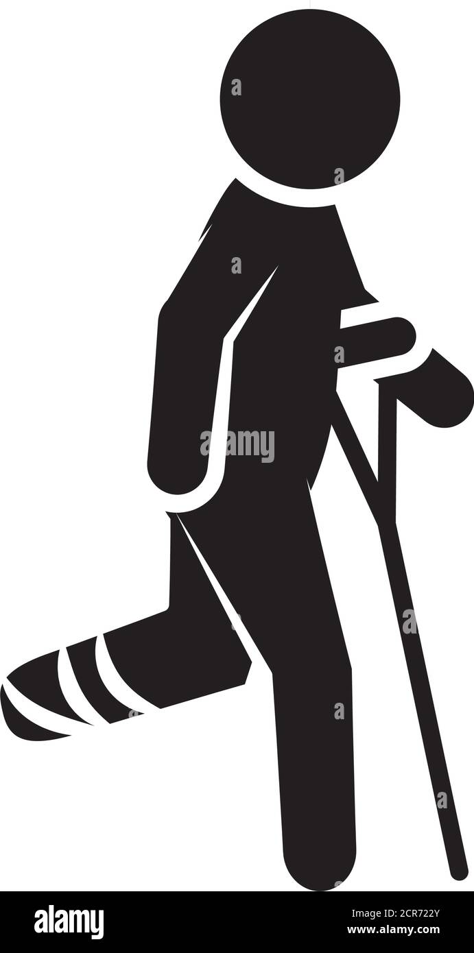 pictogram man with leg with bandages with crutch over white background ...