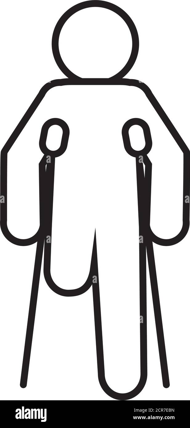 One legged disabled man with crutches over white background, line style ...