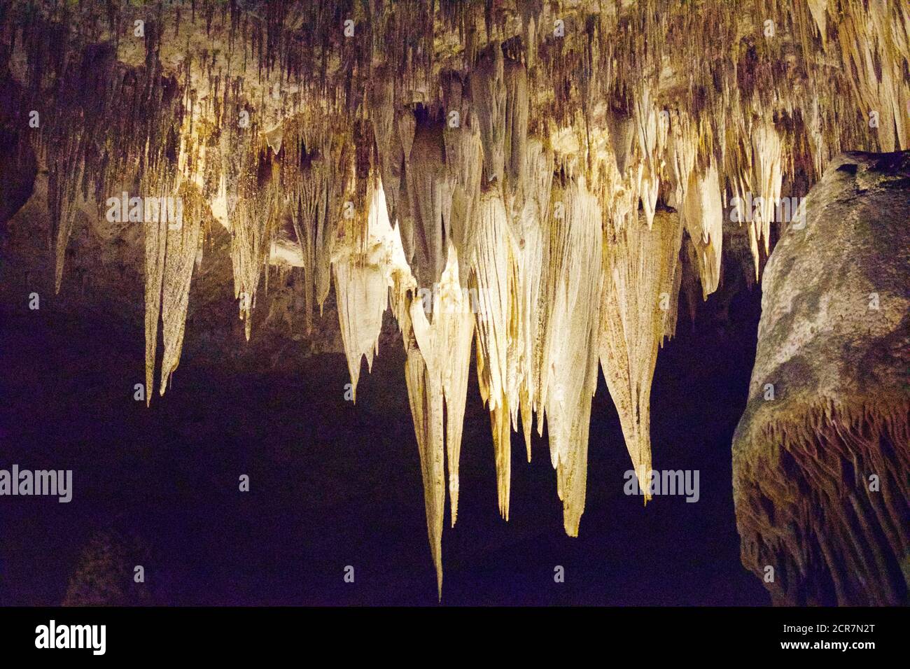 Light hitting the rock formations, the chandelier, inside Carlsbad ...