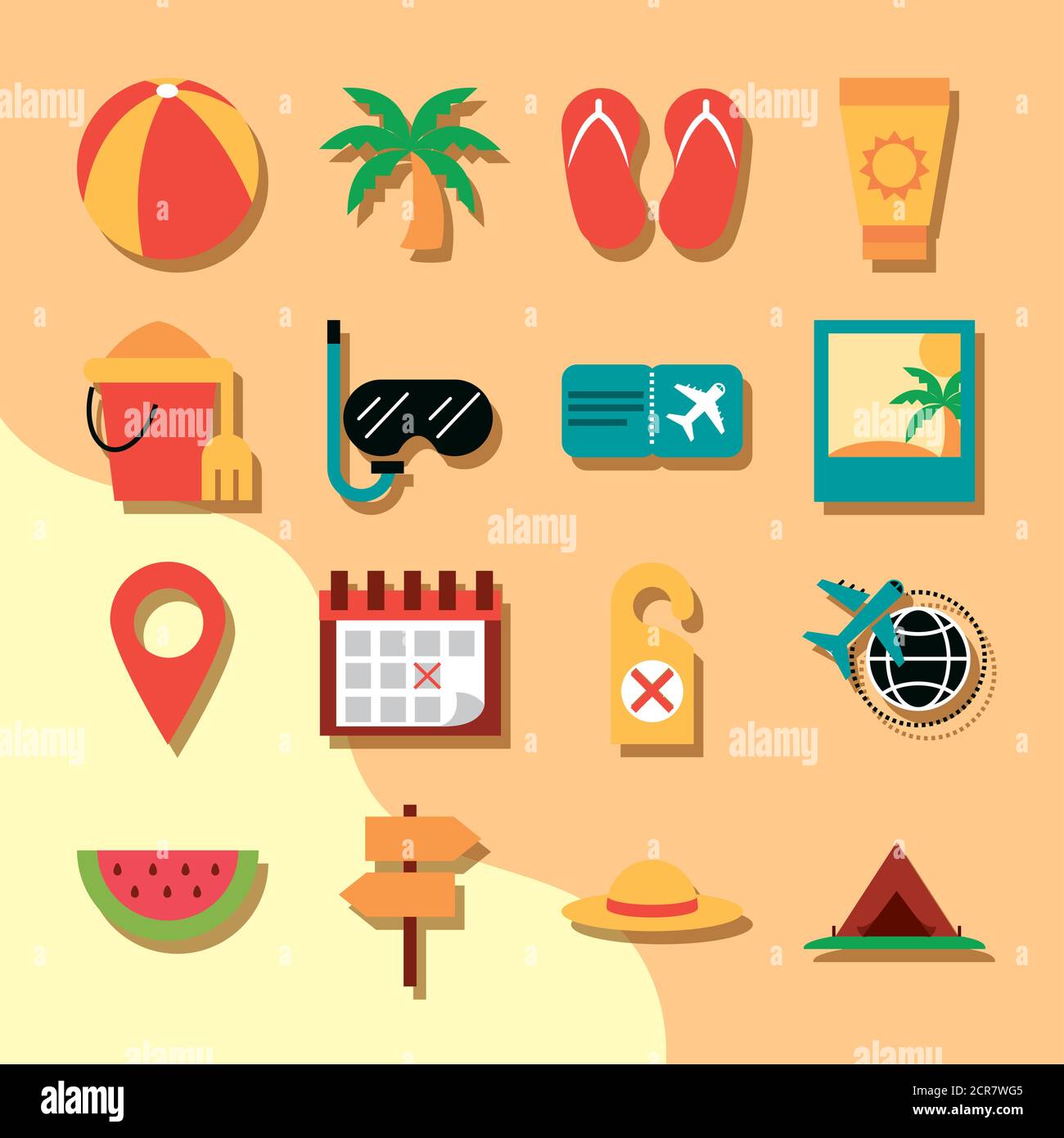 Summer Vacation Travel Tourism Recreation Set Icons Included Ball Palm