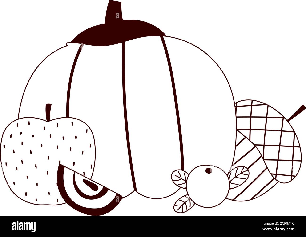 hello autumn, fresh pumpkin apple acorn berry and pine cone cartoon ...
