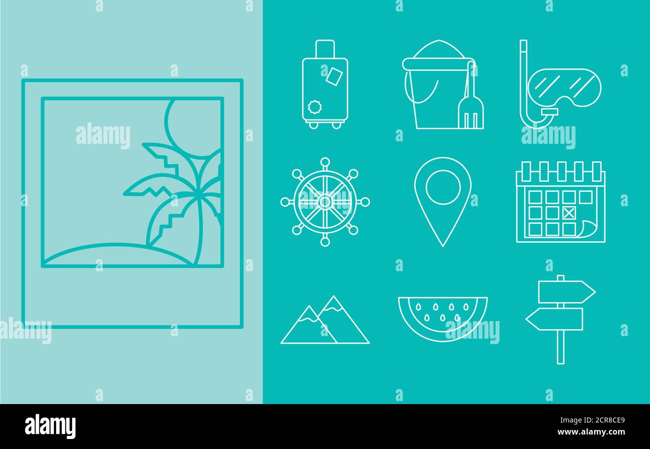 summer vacation travel, tropical beach tourism icons linear style ...
