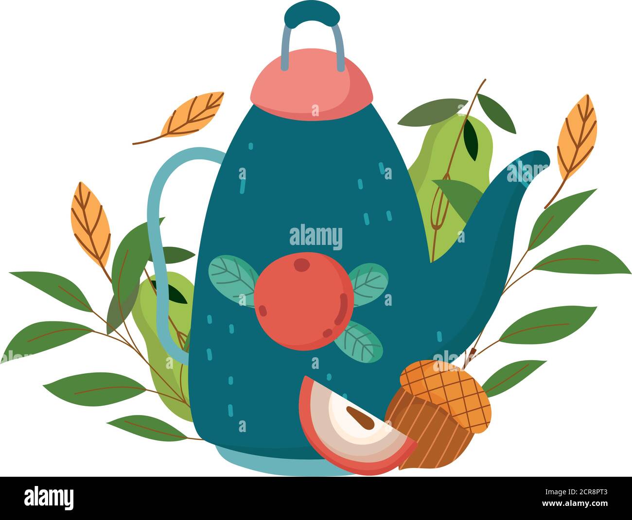 autumn teapot apple acorn leaves isolated design white background ...