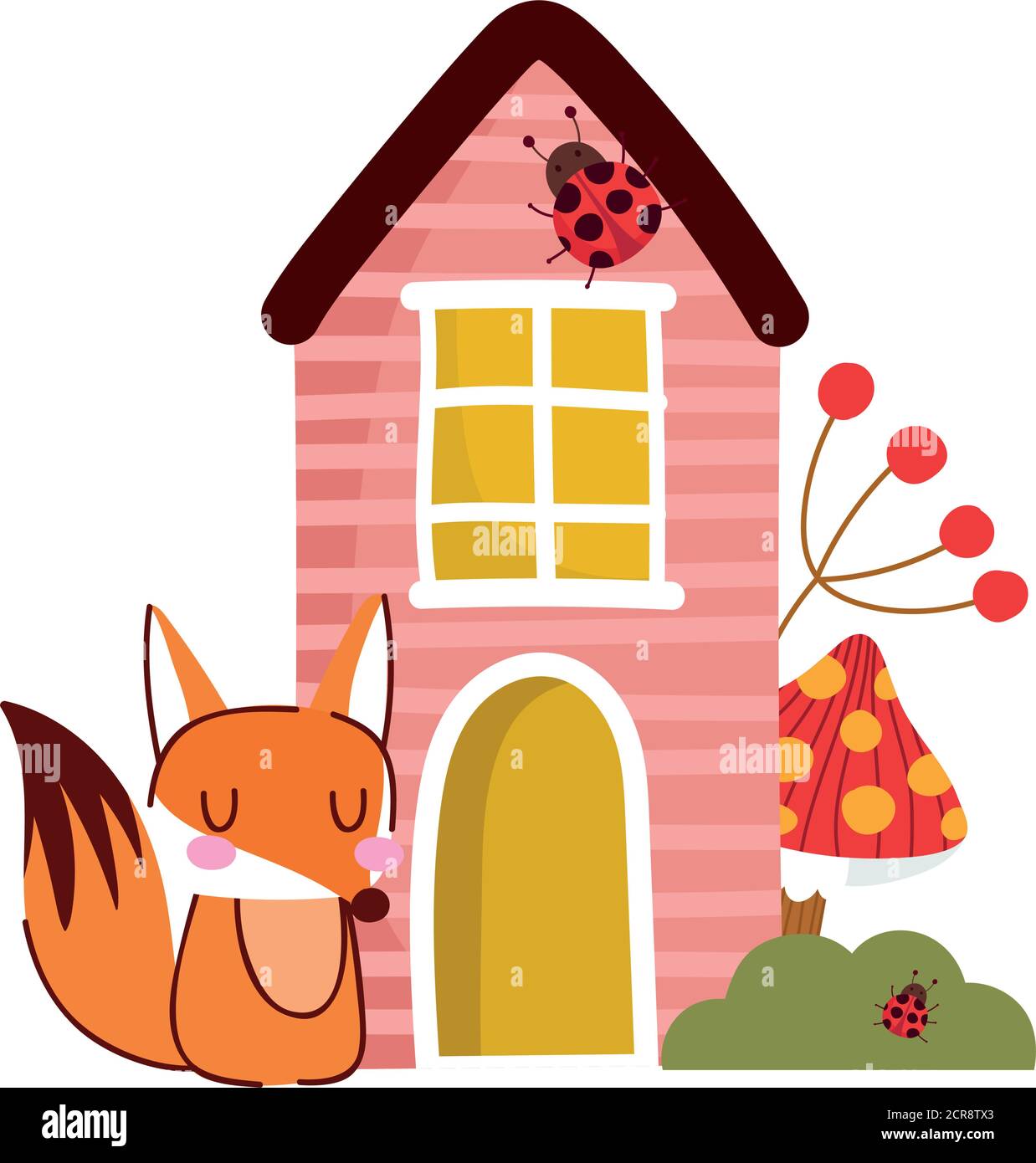 hello autumn, cartoon cute fox house mushrooms bush vector illustration ...