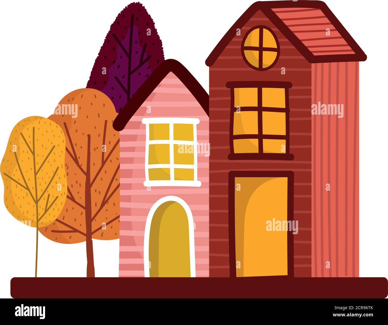 rustic houses trees foliage isolated design white background vector ...