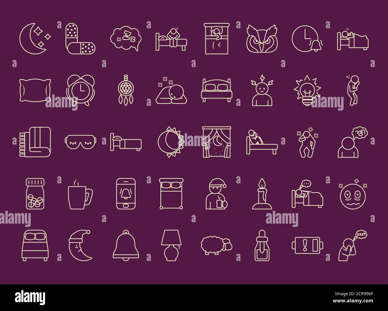 icon set of insomnia over purple background, line style, vector ...