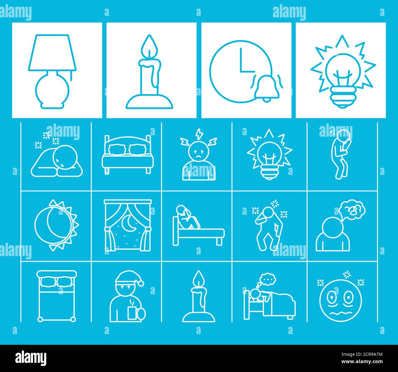 night lamp and insomnia icon set over blue background, line style ...