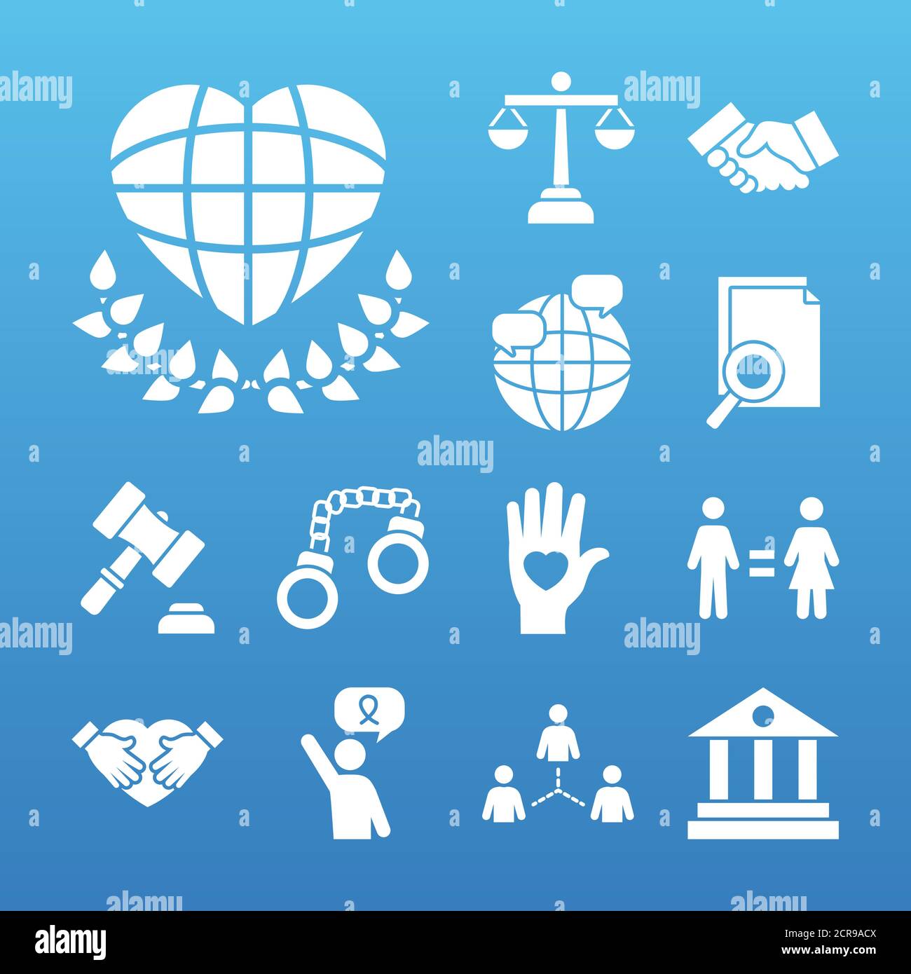 law scale and human rights icon set over blue background, silhouette ...