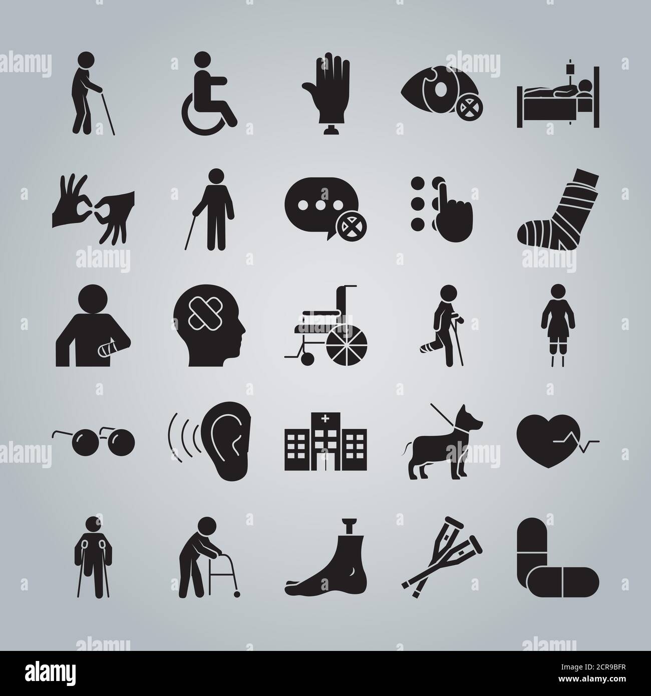human hand and disabilities icon set over black background, silhouette ...