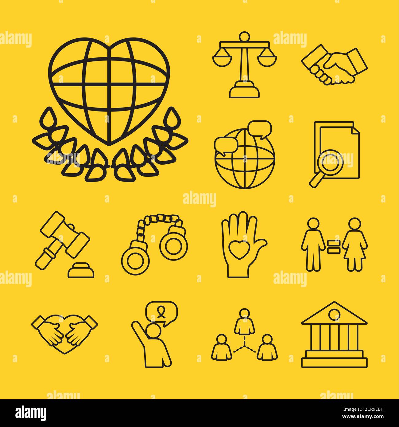 law scale and human rights icon set over yellow background, gradient ...