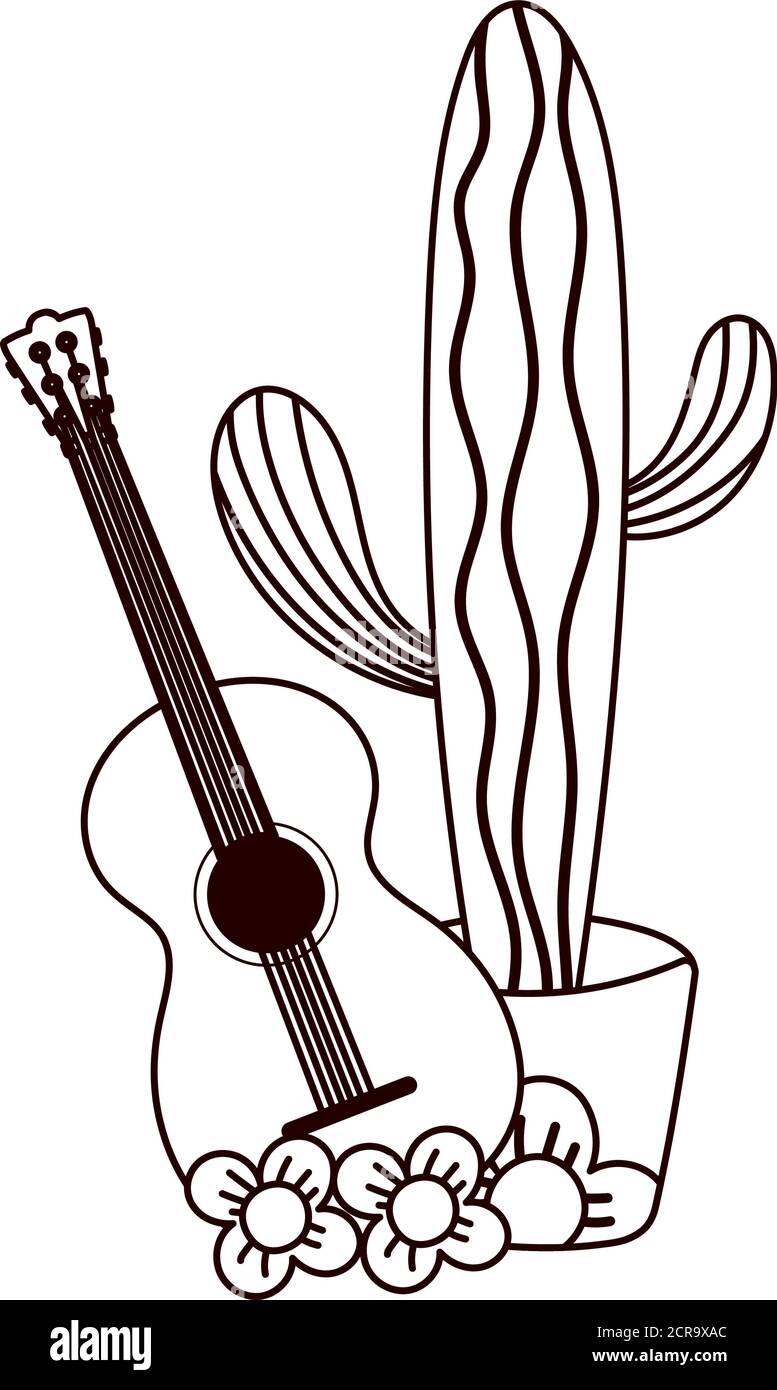 mexican independence day, guitar flowers and potted cactus, celebrated ...