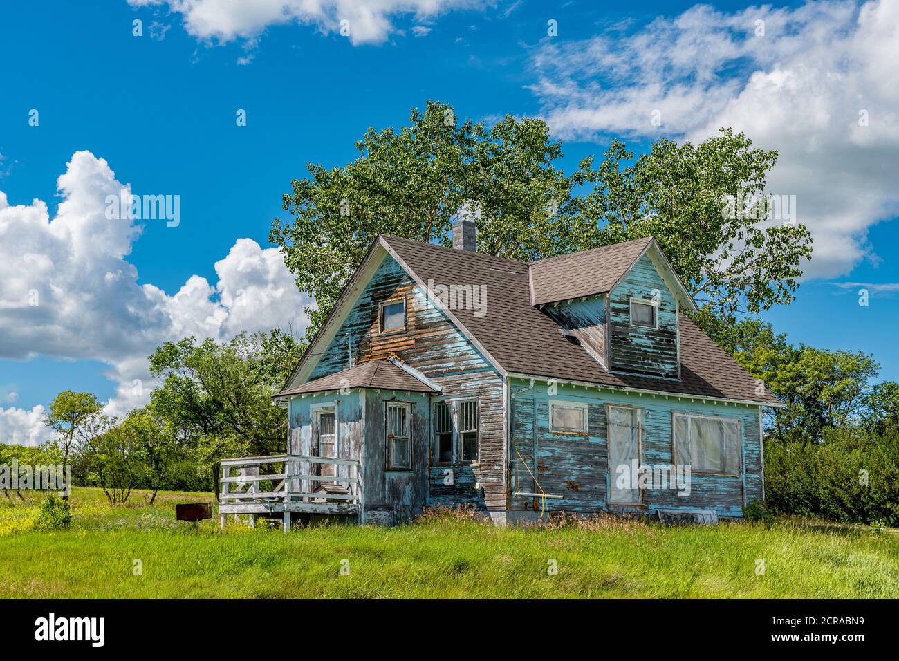 Old, abandoned blue prairie farmhouse with trees, grass and blue sky in ...
