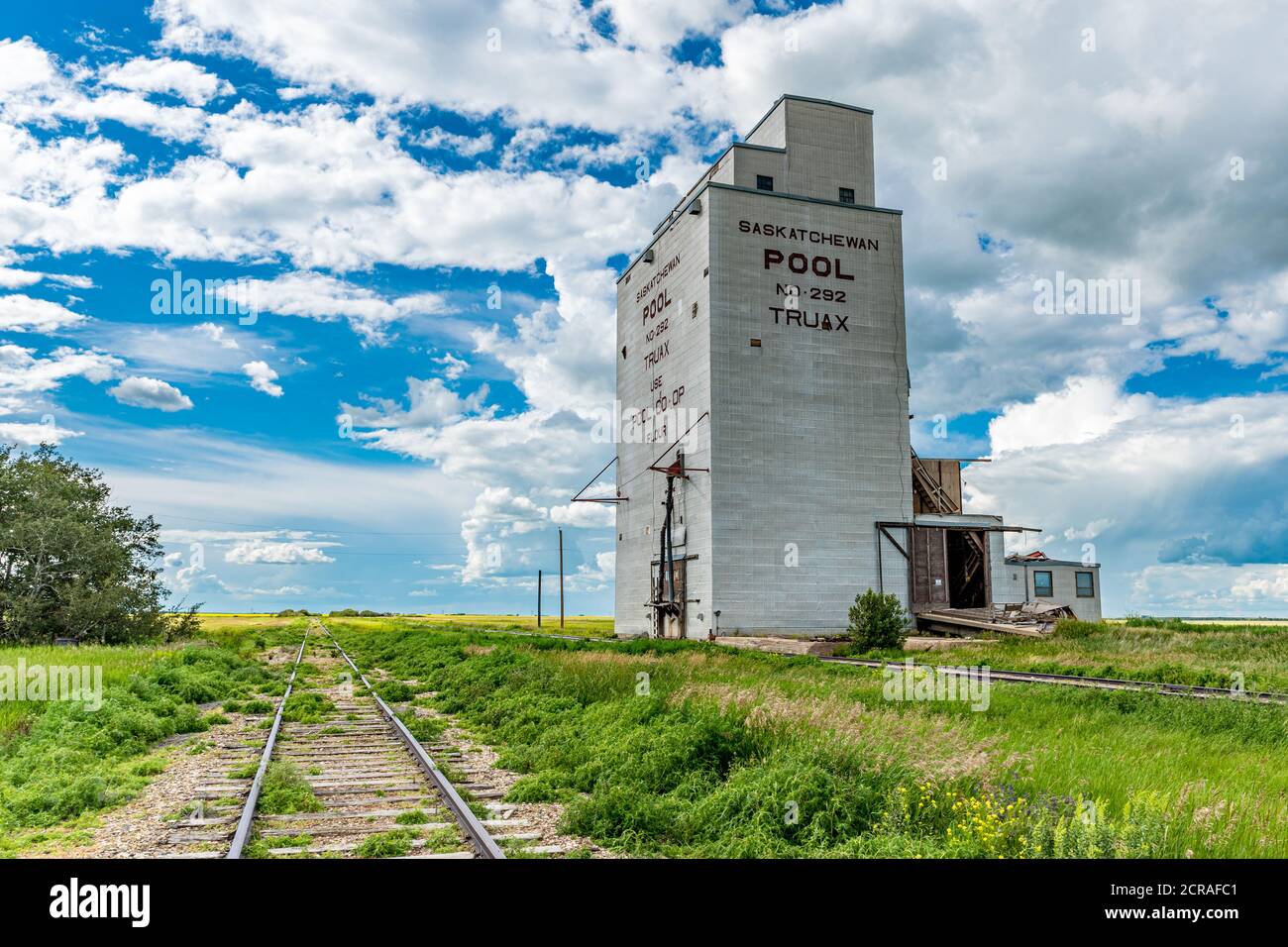 Truax, SK/Canada- July 18, 2020: The abandoned vintage Wheat Pool grain elevator in Truax ...