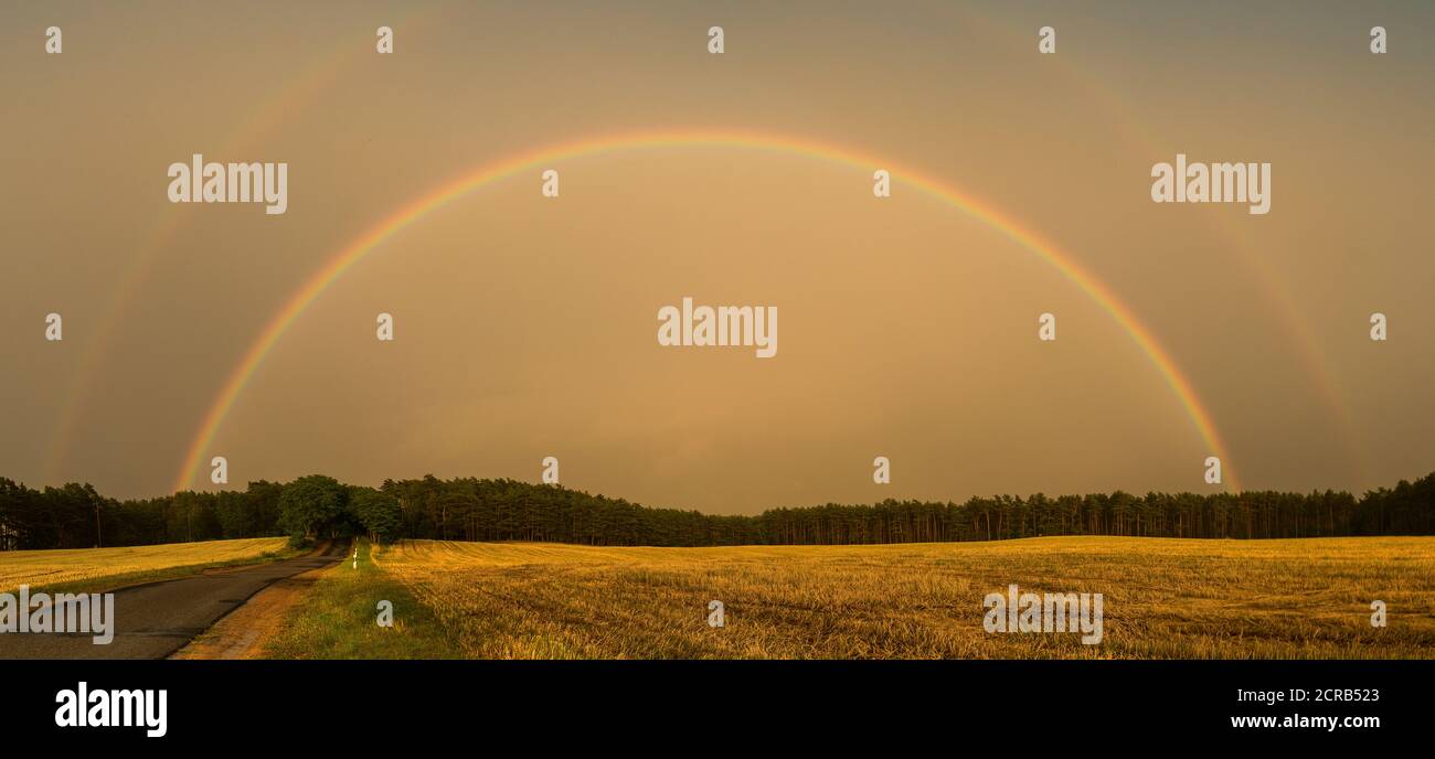 Mecklenburg, country road, complete rainbow, side rainbow, panorama ...