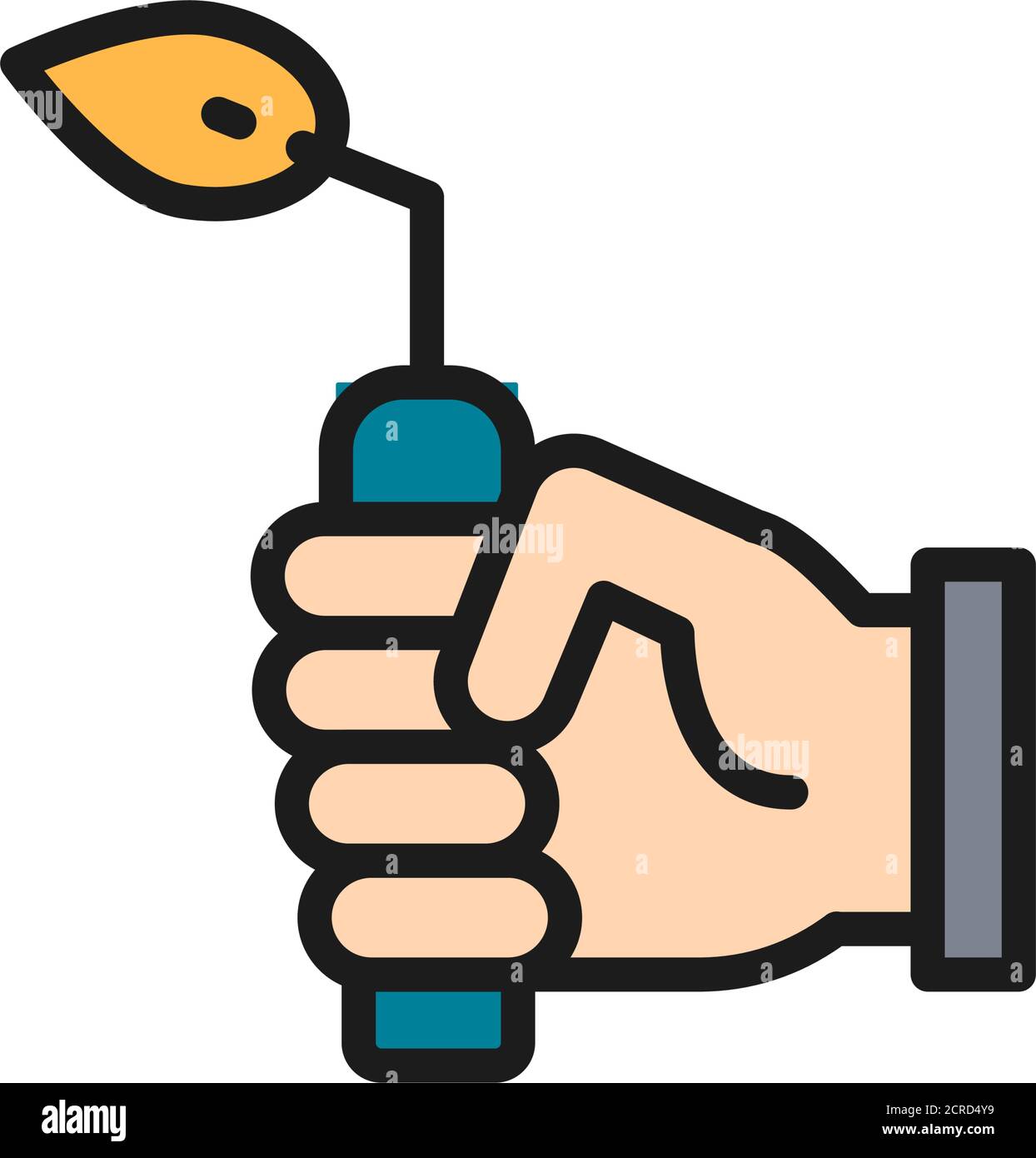 Hand with blow torch, device for gas welding works flat color line icon ...