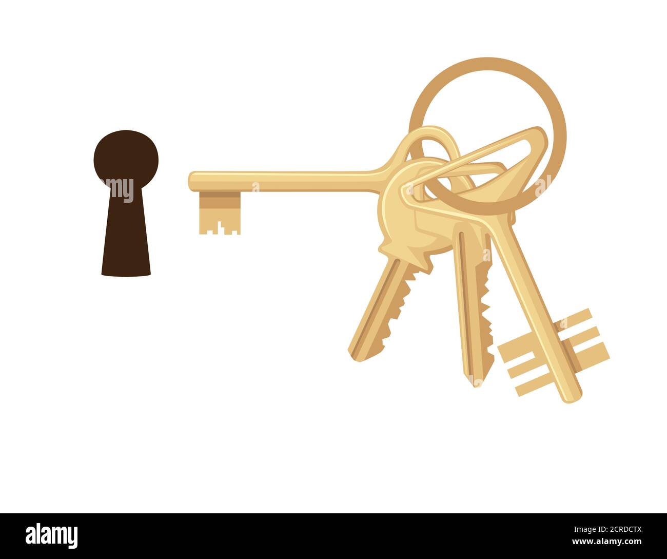 Keyhole with bunch of golden keys flat vector illustration on white ...