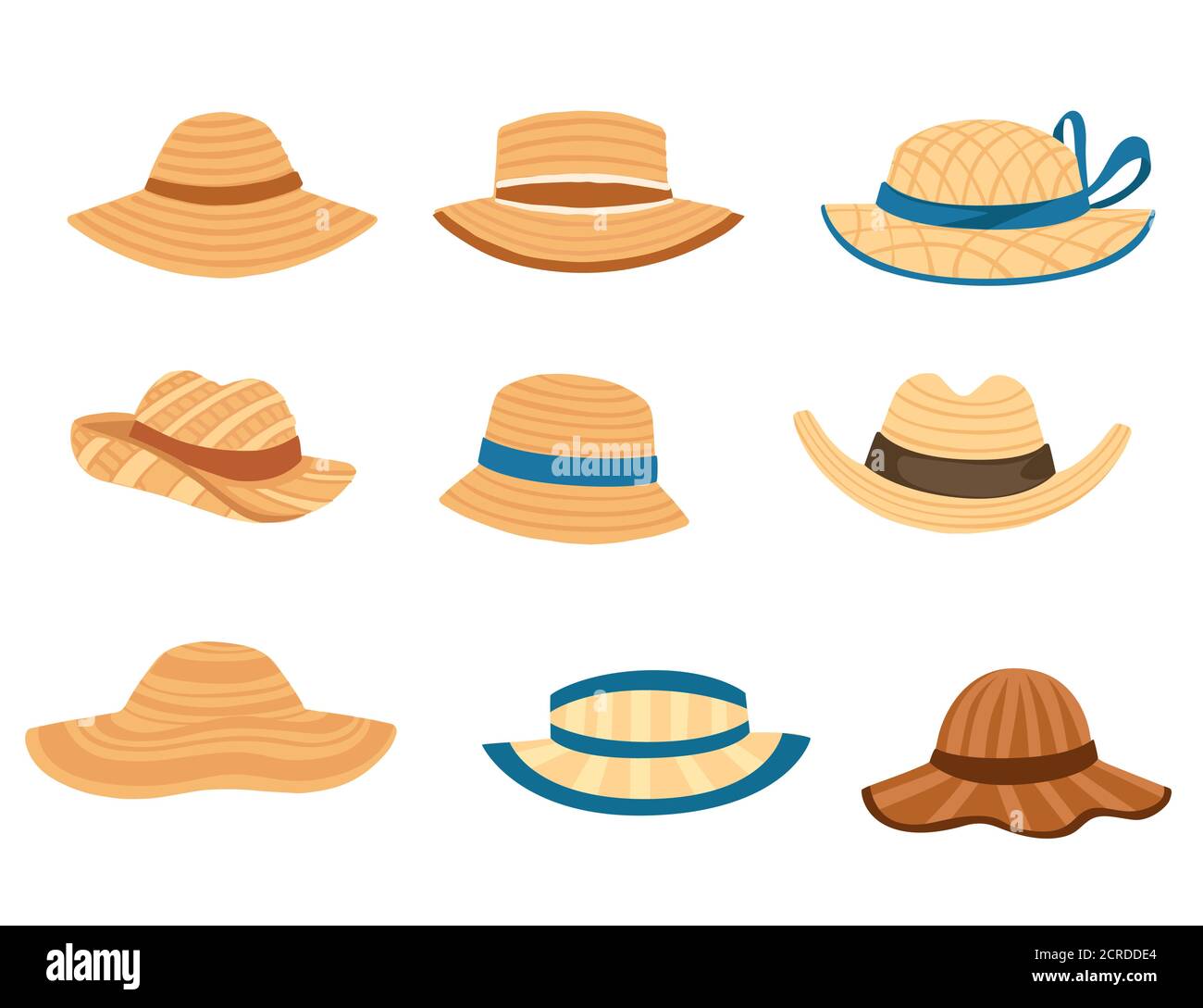Set of natural summer hay hat with strap and bow flat vector ...