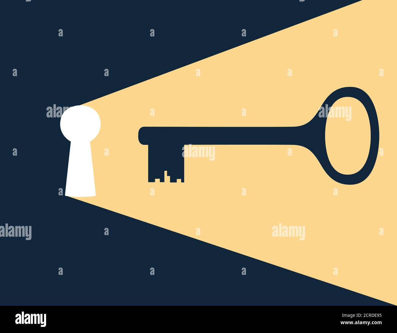 Keyhole with golden key flat vector illustration on dark background ...