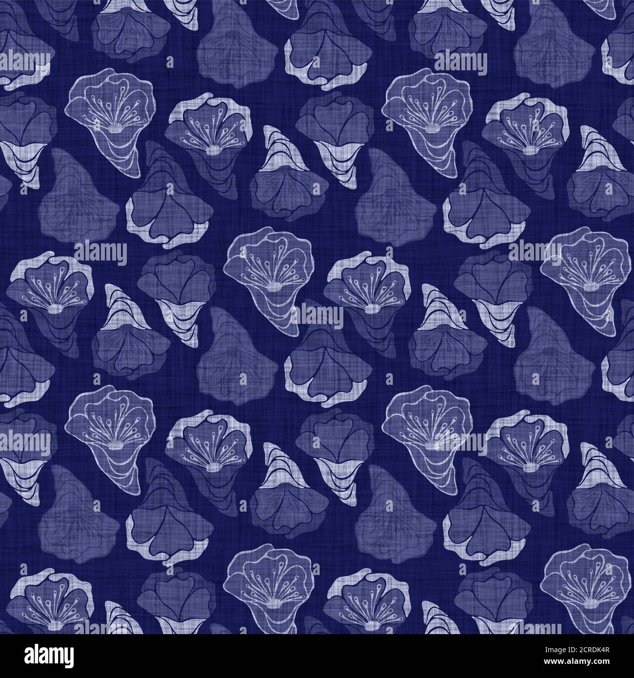 Indigo blue flower block print dyed linen texture background. Seamless ...