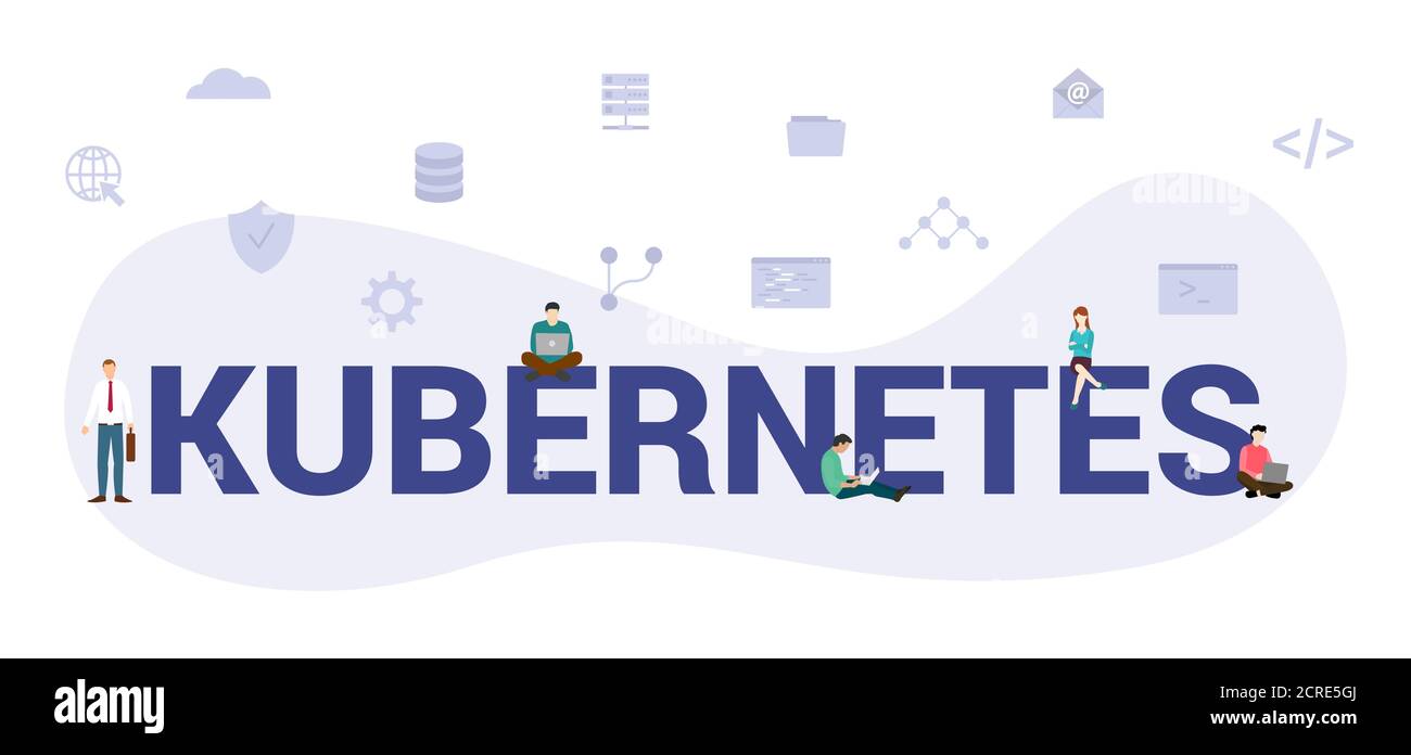 kubernetes concept with modern big text or word and people with icon ...