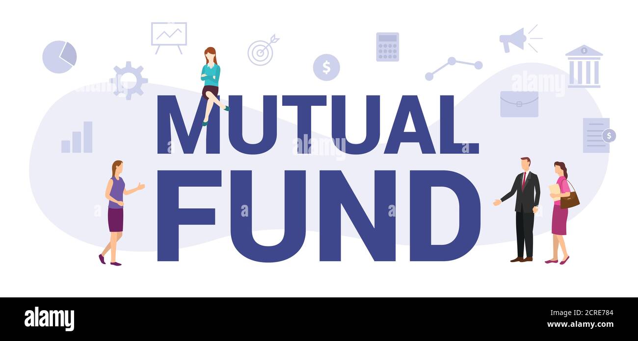 mutual fund concept with modern big text or word and people with icon ...