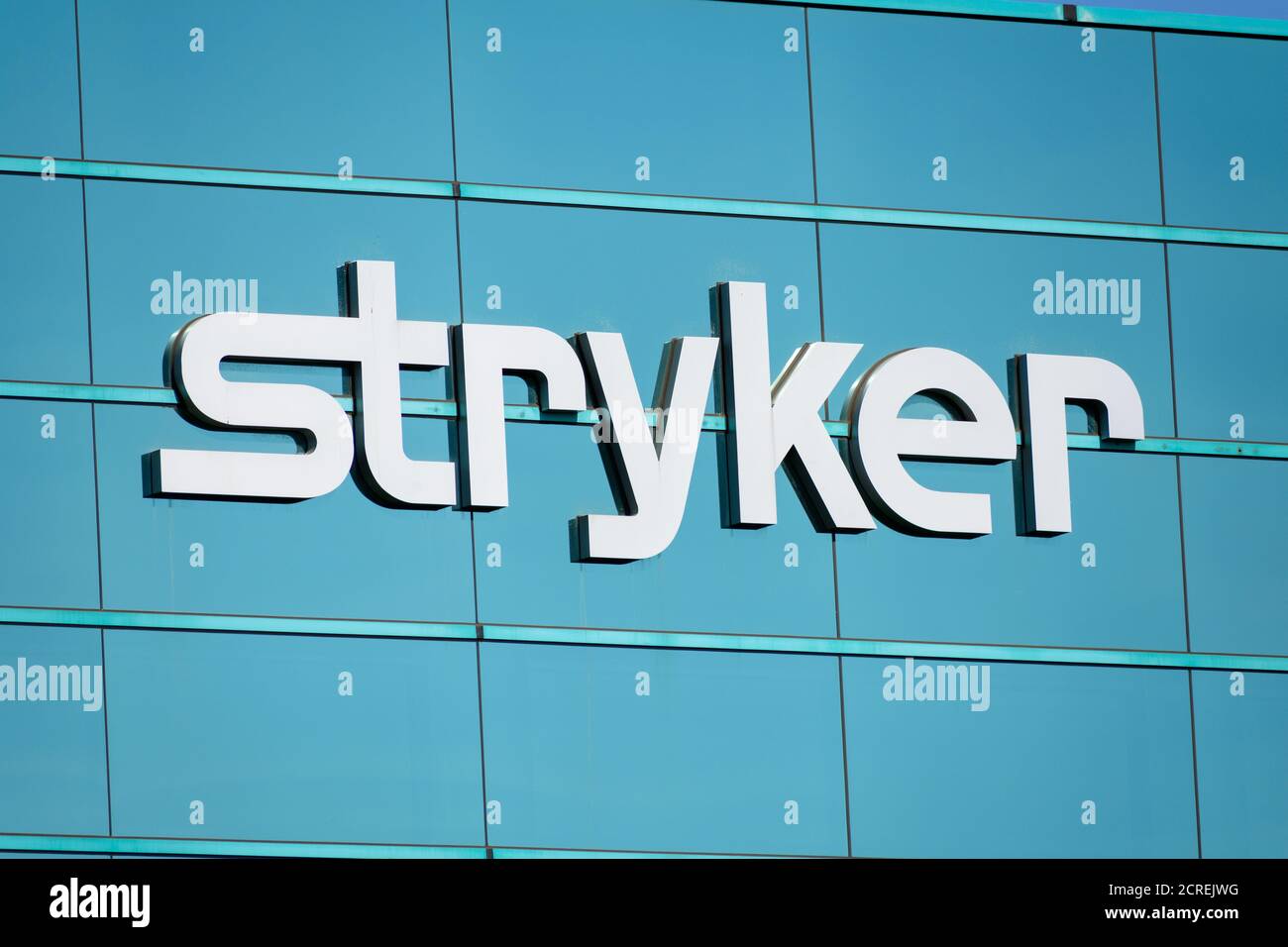 Stryker sign and logo at medical technologies firm Stryker Corporation ...