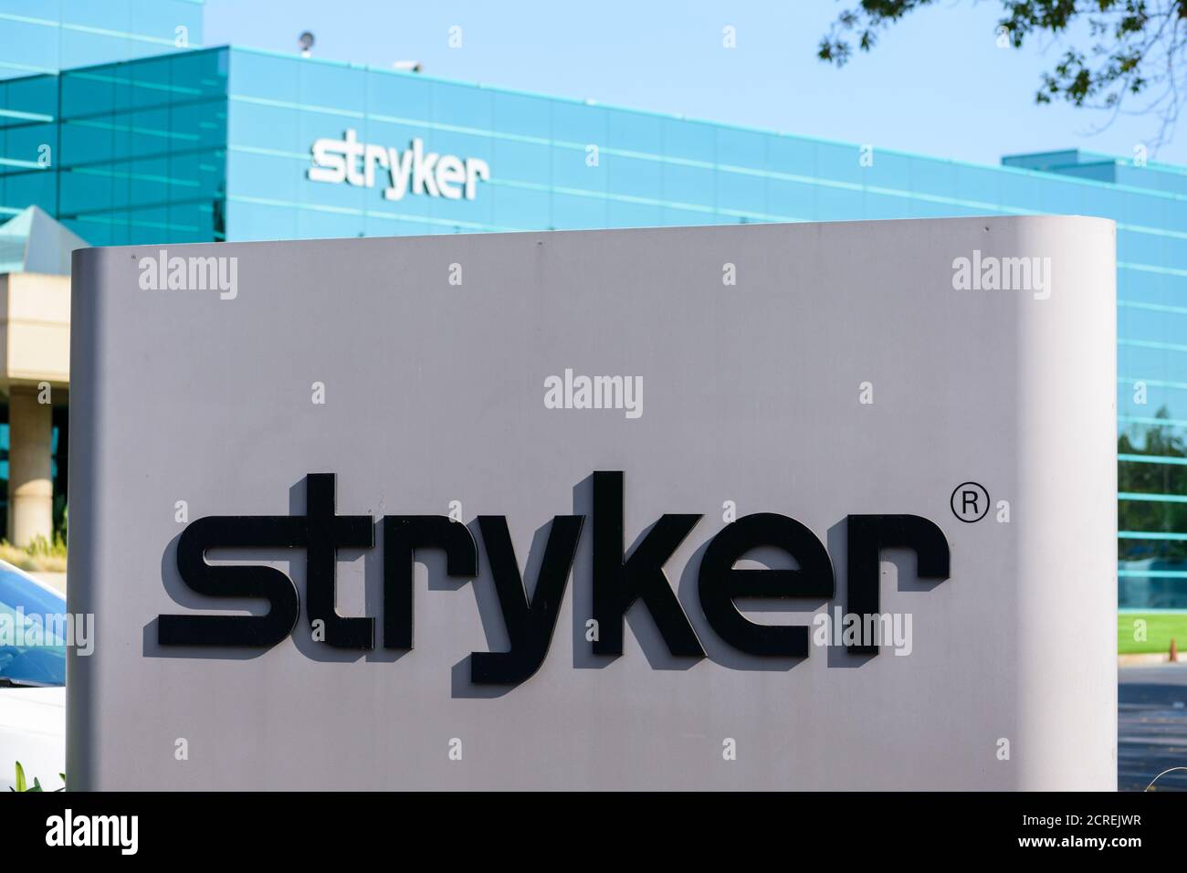 Stryker sign and logo at medical technologies firm Stryker Corporation ...