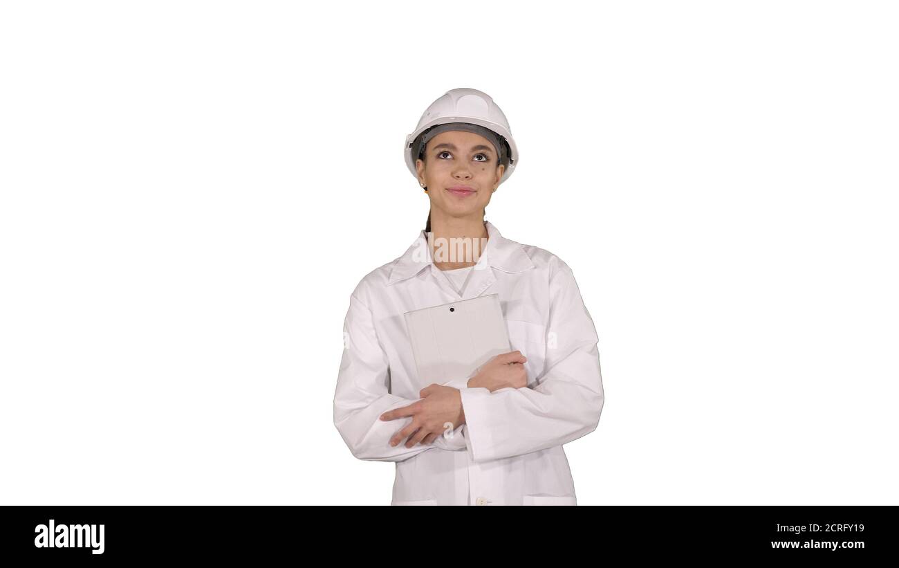 Female doctor engineer walking with digital tablet on white back Stock ...