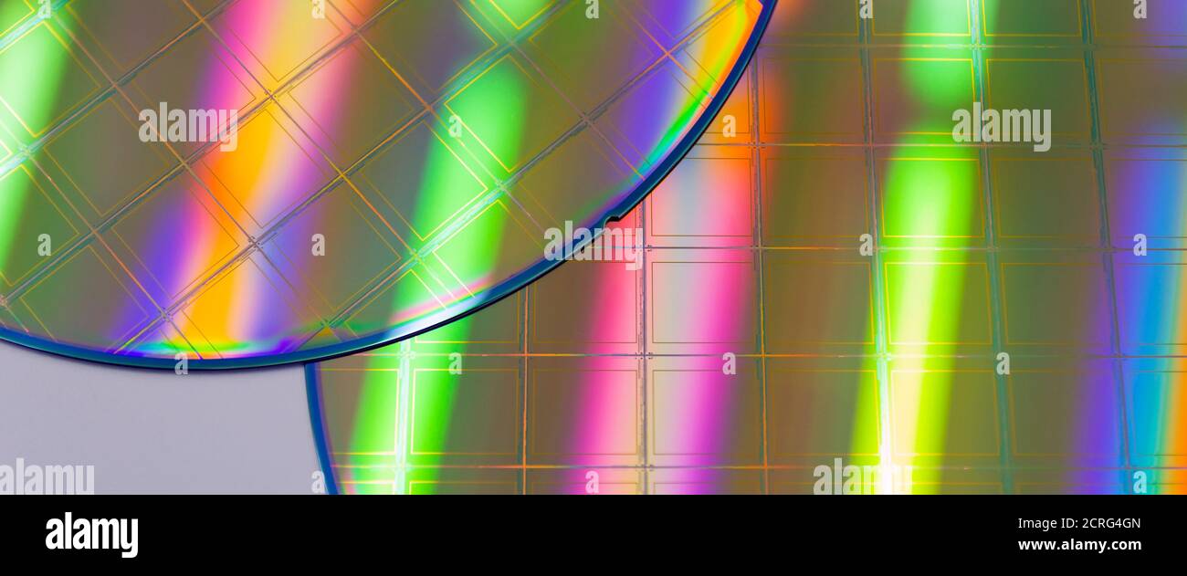 Macro of blue silicon wafer with microchips. Banner format Stock Photo ...