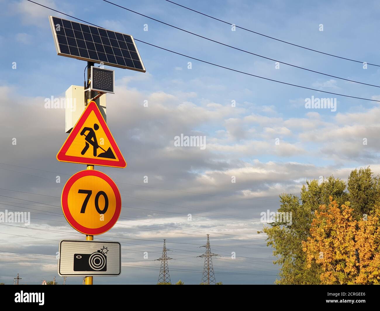 road sign repair work and speed limit Stock Photo - Alamy
