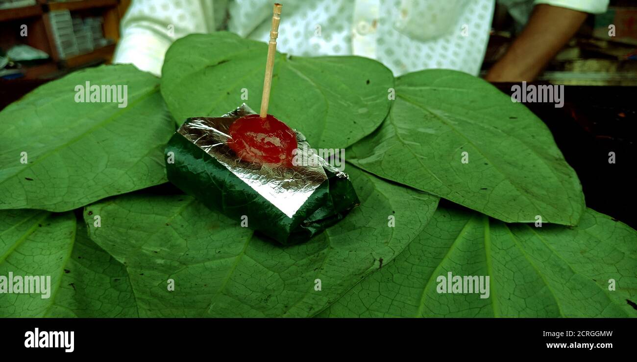 Isolated Pan made with sweet fruit flavor spice, indian betel leaf ...
