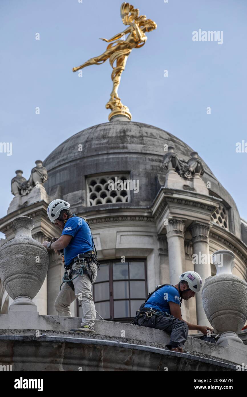London, UK. 19th September, 2020. Stone Masons carry out restoration ...