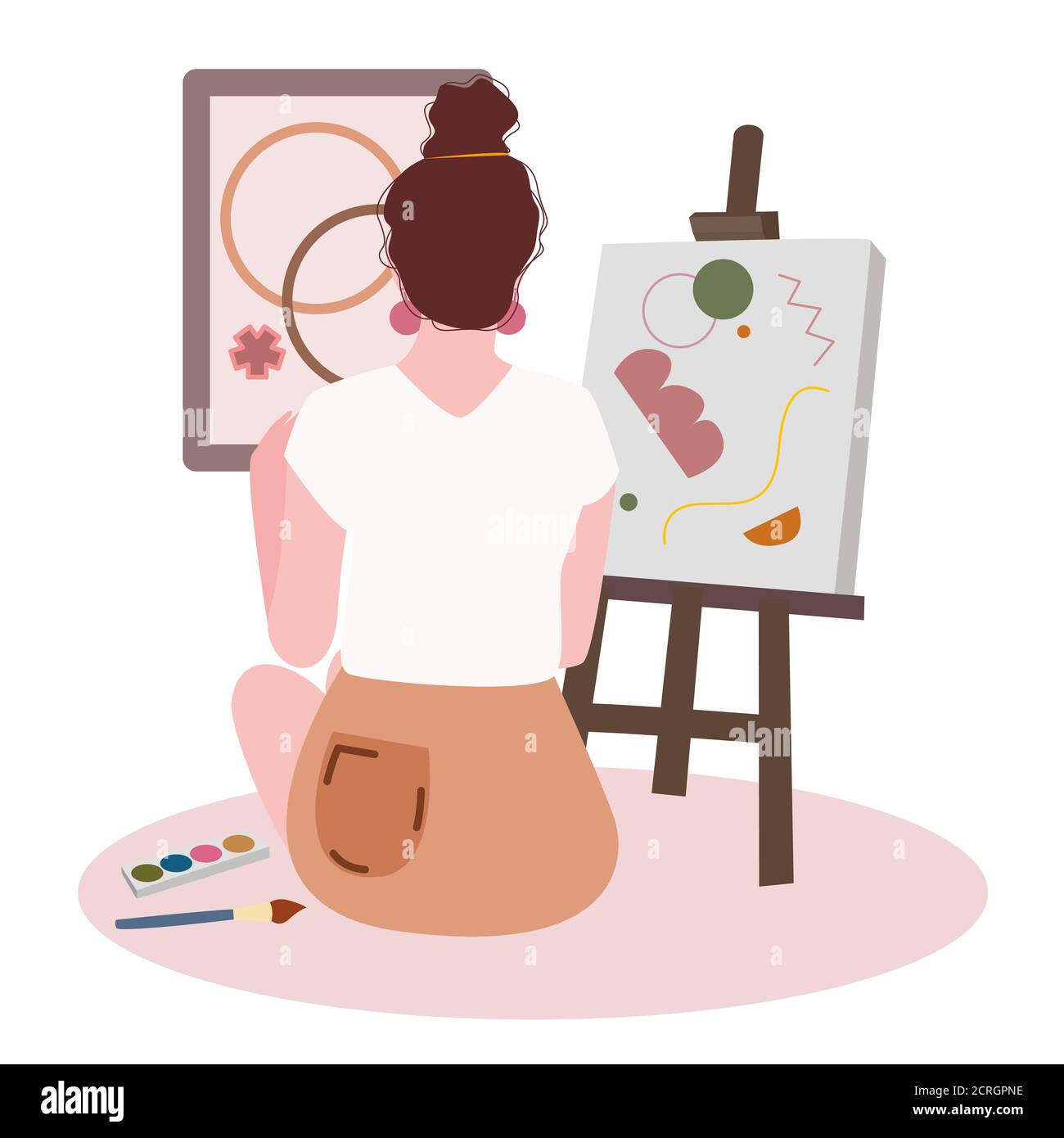 Women paint on canvas palette paintbrush back view white isolated ...