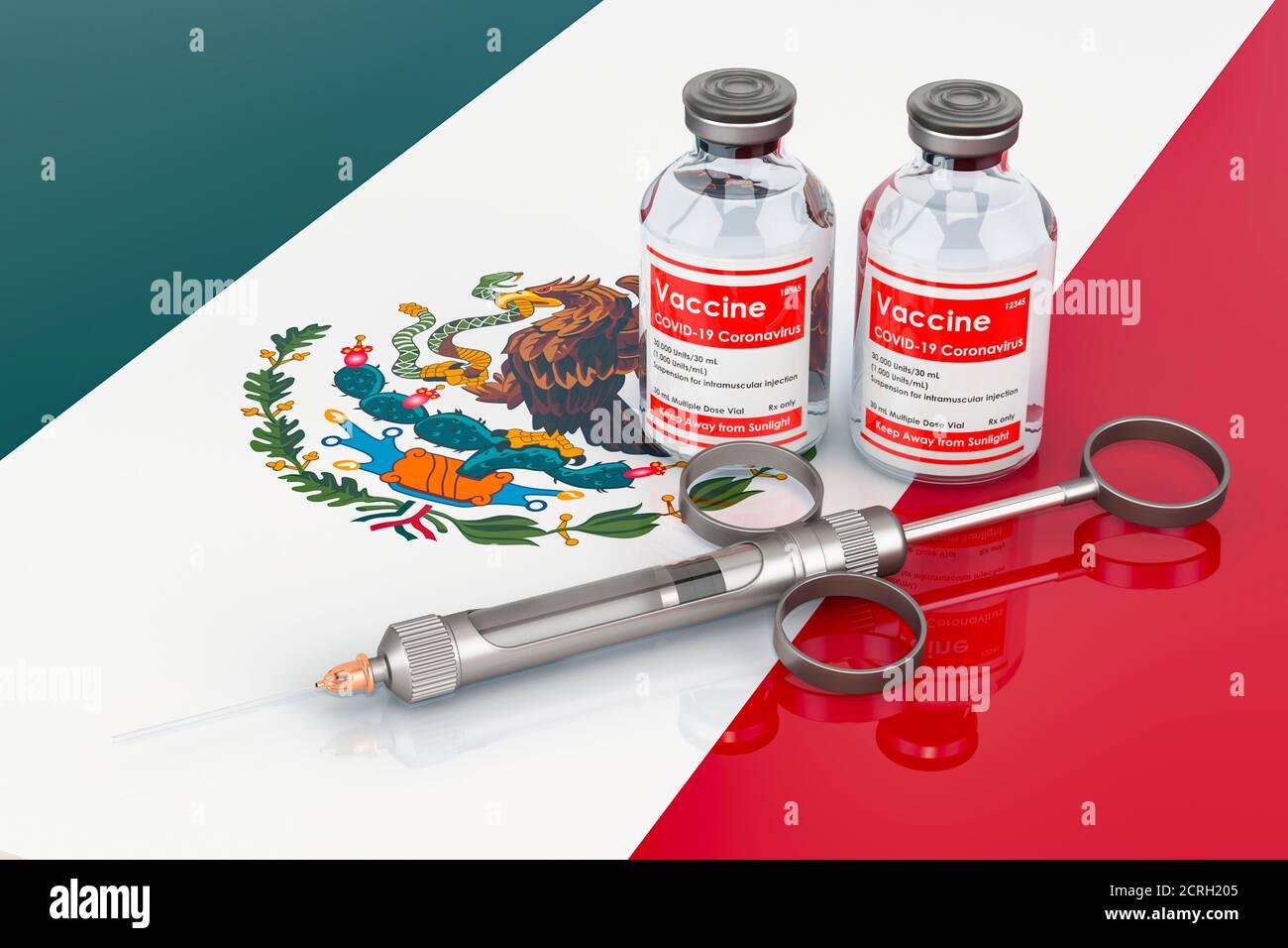 Vaccination in Mexico concept. Vaccine bottles with syringe on the ...